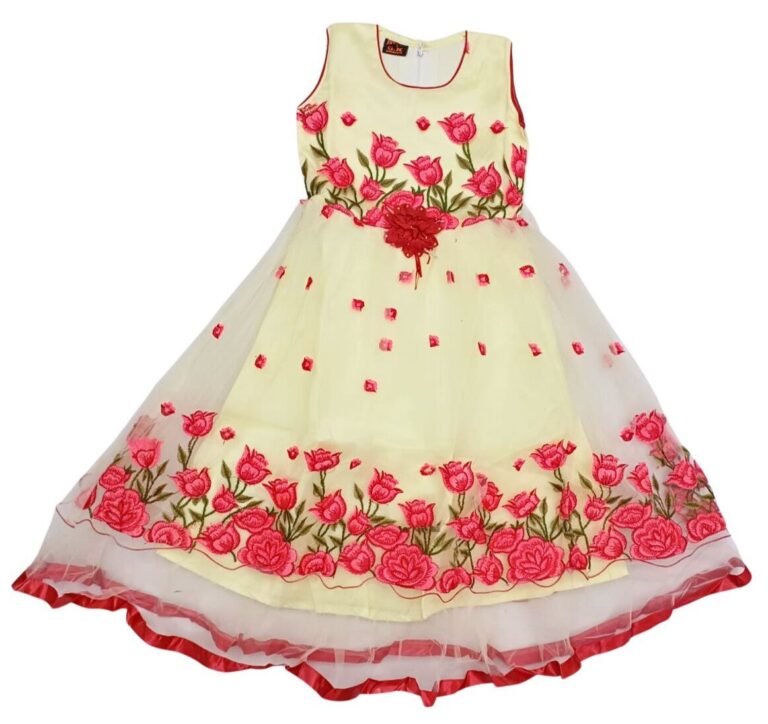 Girls Light Yellow Long Frock with Red/Maroon Floral Embroidery | 4 ...
