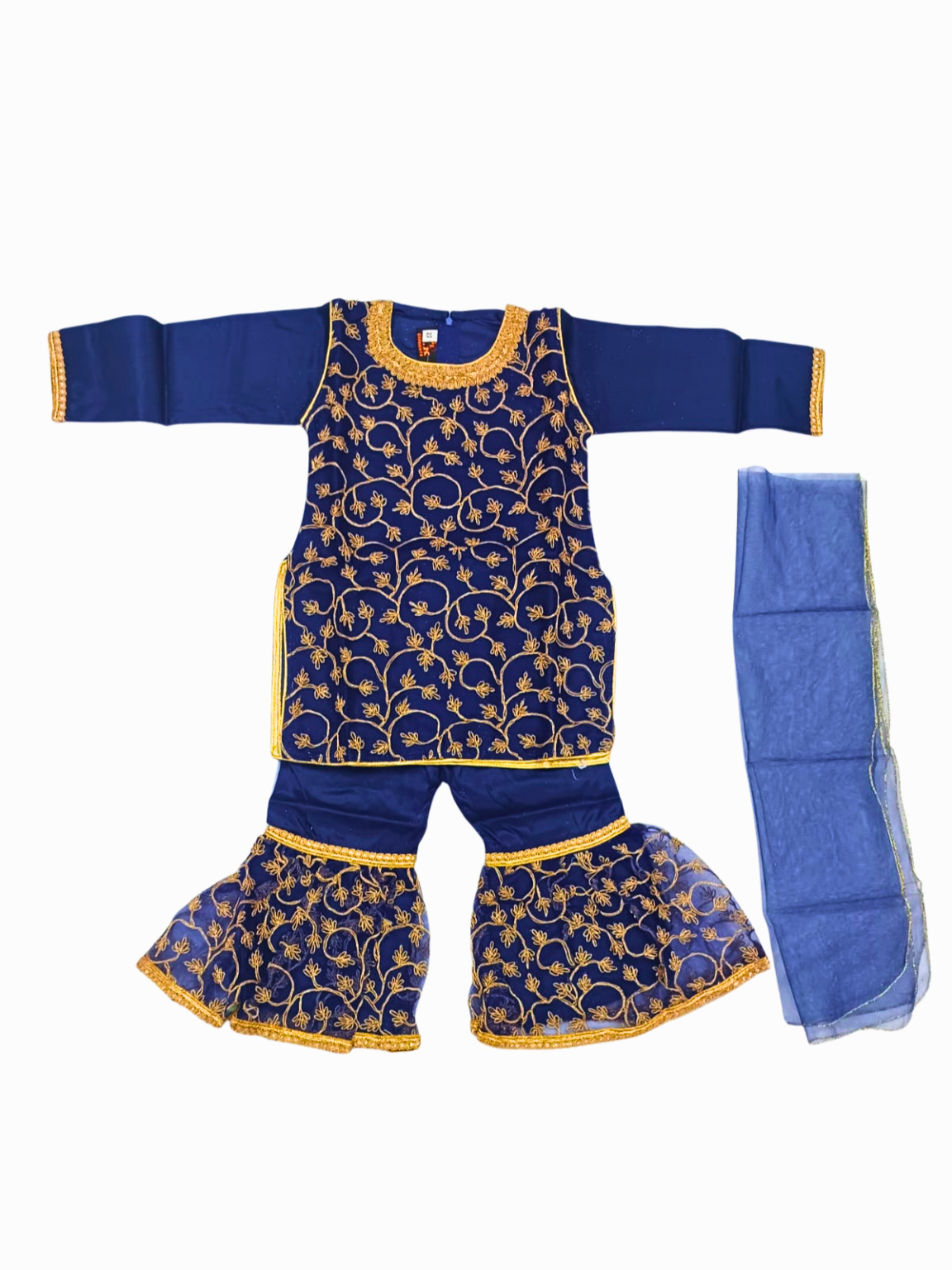 Navy Blue Embroidered Sharara Suit Set for Kids Girls | Bell Bottom ...